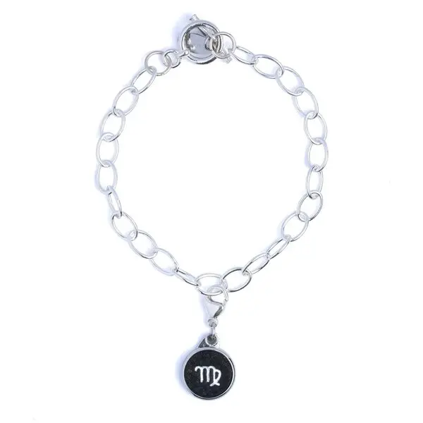 N'DAMUS LONDON Black / Silver Virgo Zodiac Sterling Silver & Leather Curb Bracelet - Black/silver