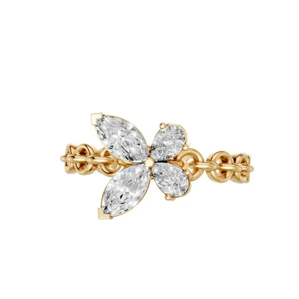 AYA FINE JEWELRY 0.65 Ctw Butterfly Lab Diamond Chain Shank Ring In 14k Gold Marquise & Pear Cut Floral Statet Ring - Yellow