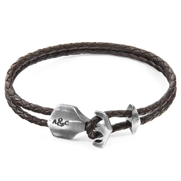 ANCHOR & CREW Brown / Silver Dark Brown Delta Anchor Silver & Braided Leather Bracelet - Brown/silver