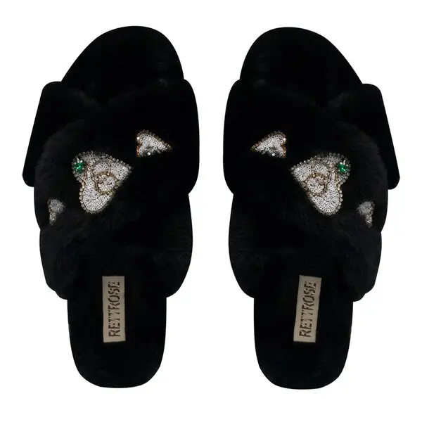 RETTROSE Emmy Luxury Plush Diamanté Embellished Handmade Slipper - Black