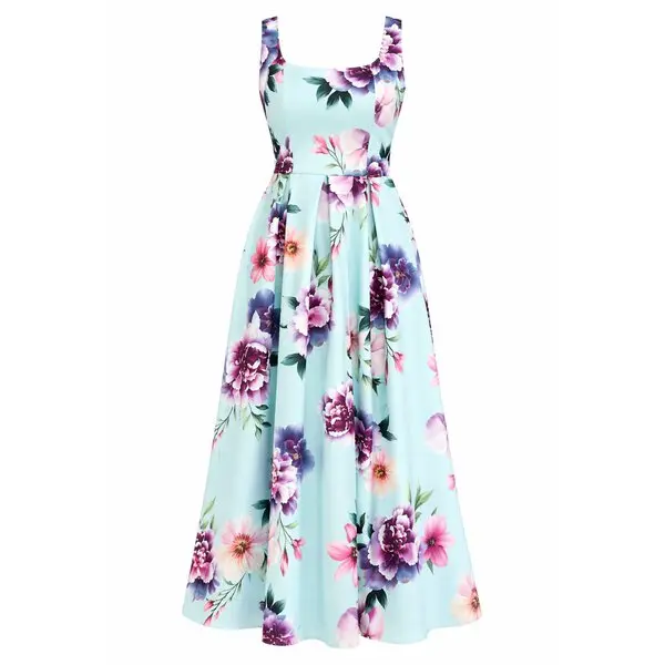 GIRL IN MIND Erica Square Neck Pleated Midi Dress Floral - Blue