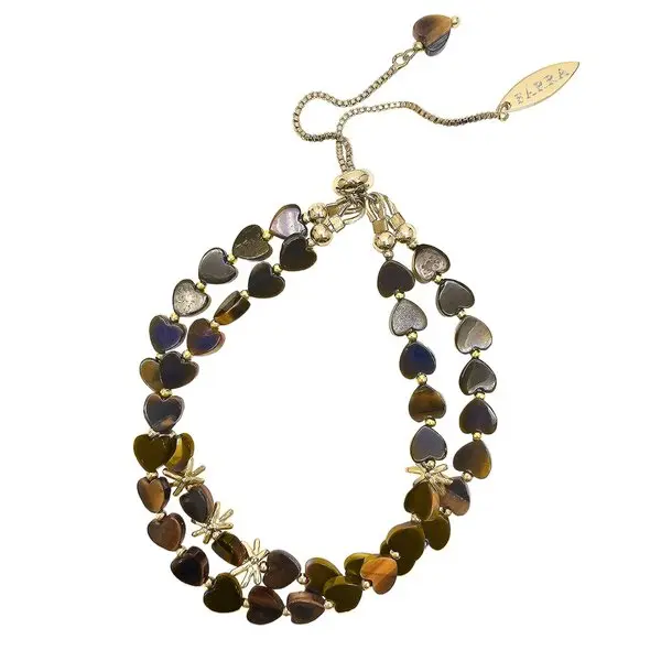 FARRA Heart Shaped Tiger-eye Stone Double Layers Bracelet - Brown