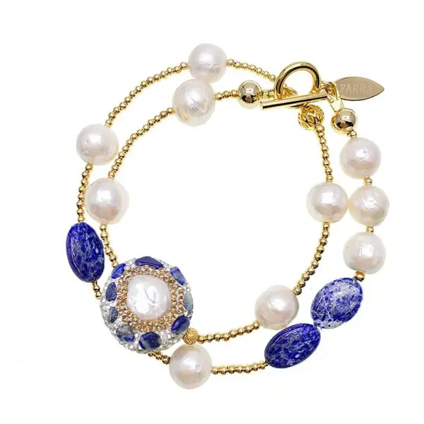 FARRA Blue / White Double Layers Pearls And Lapis Rhinestone Bracelet - Blue/white