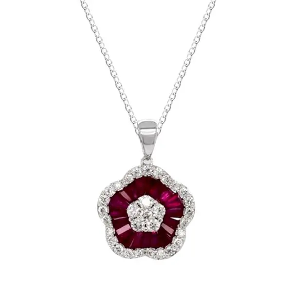 ARTISAN White / Red Ruby & Diamond Floral Halo Pendant In 18k White Gold - White/red