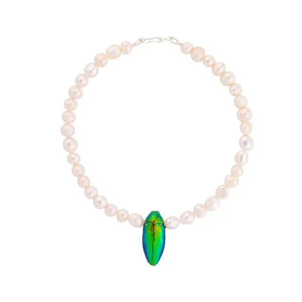 Oana Savu Gold / Green / White Beetle Real Insect Gold And Freshwater Pearls Choker - Gold/green/white