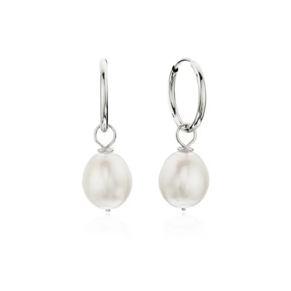 LILY & ROO Silver / White Silver Large Pearl Drop Hoop Earrings - Silver/white