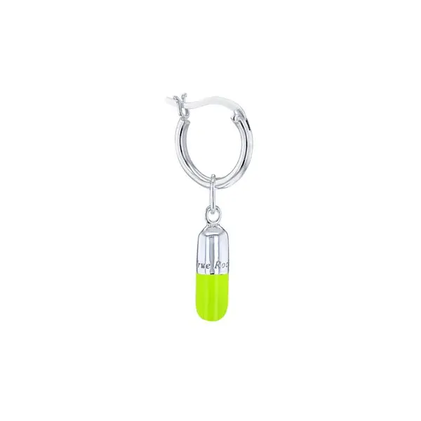 TRUE ROCKS Silver / Green Mini Pill Charm On Silver Hoop In Neon Green & Sterling Silver - Silver/green
