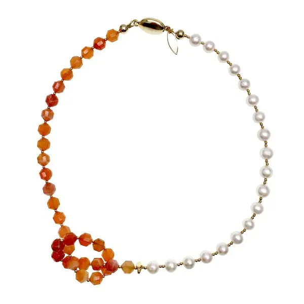 FARRA White / Red Knotted Orange Agate With Freshwater Pearl Short Necklace - White/red