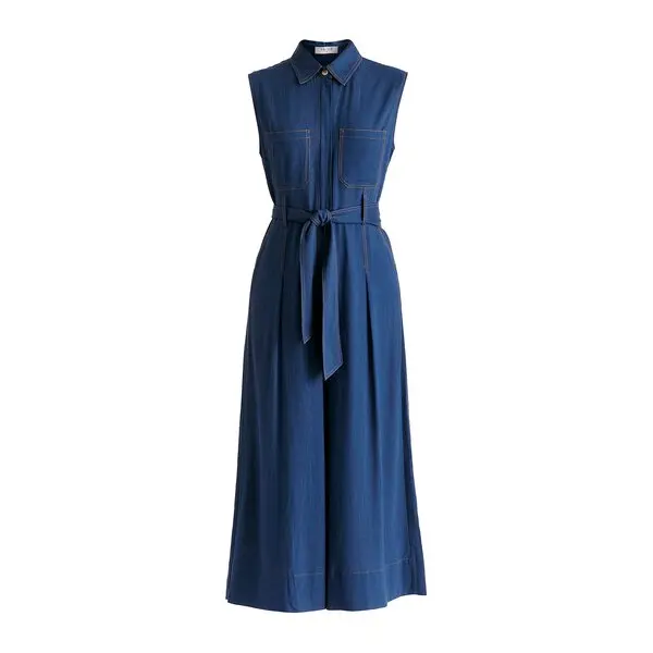 PAISIE Linen Blend Jumpsuit With Stitch Details In Navy - Blue