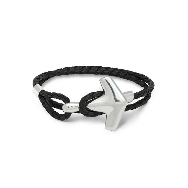 FREYA & THOR OF SWEDEN Black / Silver Arch Bracelet Silver & Double Black Leather - Black/silver