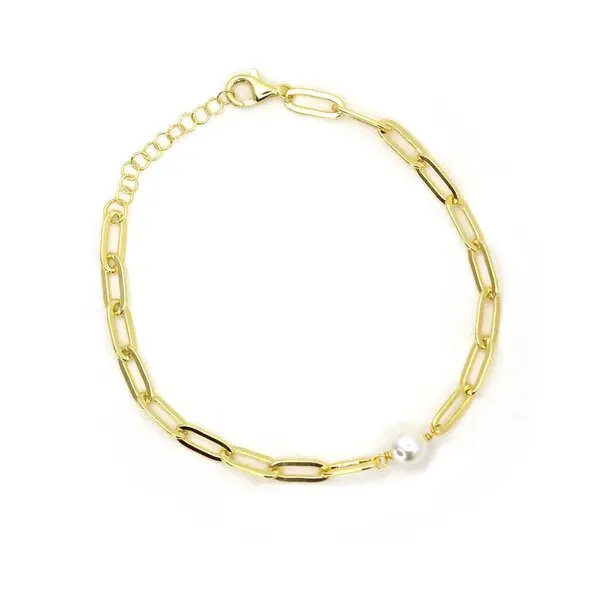 VICSTONENYC FINE JEWELRY Pearl Paperclip Chain Bracelet - Gold