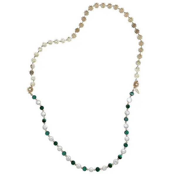 FARRA Coin Shaped Malachite And Freshwater Pearls With Flower Chain Versatile Necklace - Green