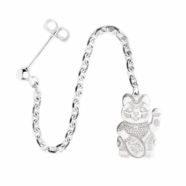 CARTERGORE Lucky Cat Single Long Drop Earring - Silver