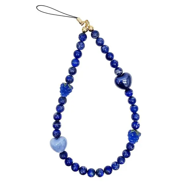 FARRA Natural Lapis Lazuli With Raspberry And Hearts Phone Strap - Blue