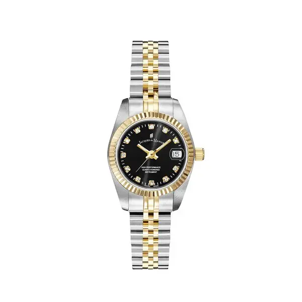 JACQUES DU MANOIR Swiss Made Inspiration Gold Two Tone 26mm Watch With Stone Set Dial & Date - Black
