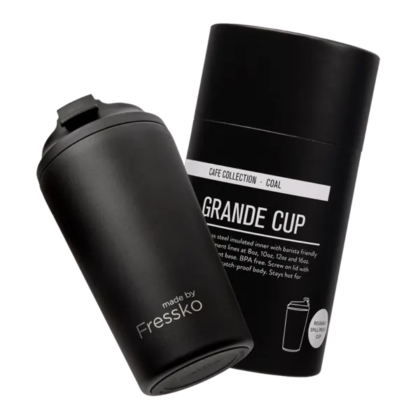 Fressko Grande 16oz / 475ml Reusable Coffee Cup, Stainless Steel Coal - Black
