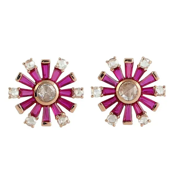 ARTISAN White / Orange Ruby & Diamond Sunburst Stud Earrings In 18k Rose Gold - White/orange