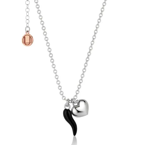 UNALOE Black / Silver Sterling Silver Black Enamel Cornicello Necklace With Heart Charm – Handmade Italian Good Luck Symbol - Black/silver