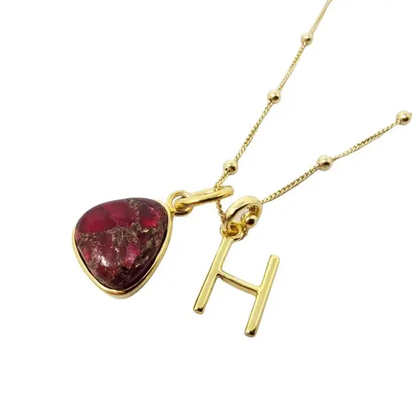 HARFI Red / Gold Gold Vermeil Plated Garnet January Birthstone And Initial Charm Necklace - Red/gold