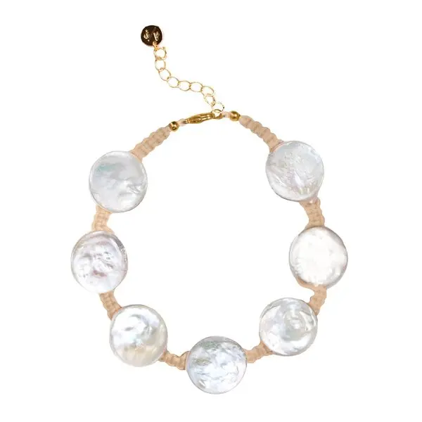 ADRIANA PAPPAS DESIGNS Coin Pearl Anklet On Colored Cord Tan - Brown