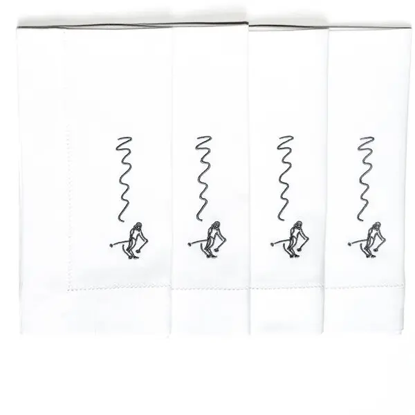 DEDE JOHNSTON Skiers Embroidered Napkin, Set Of Four, Charcoal - Grey