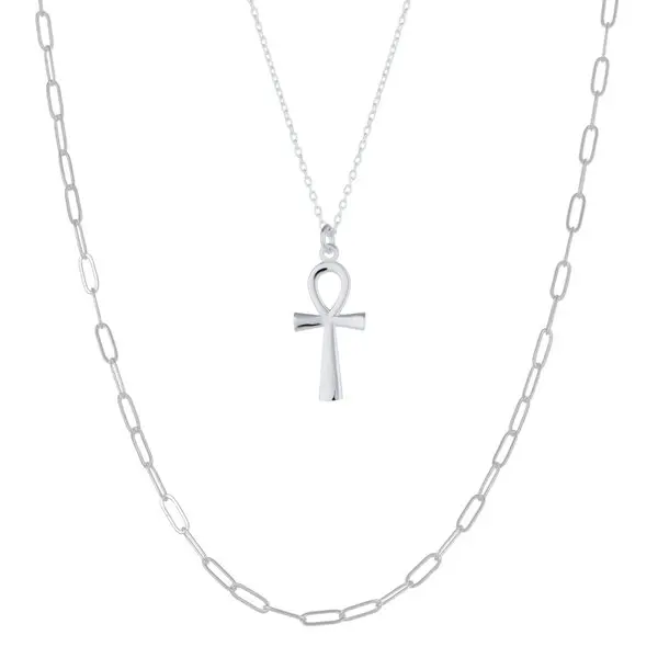 SPERO LONDON Sterling Egyptian Ankh & Large Rectangular Chain Necklace - Silver