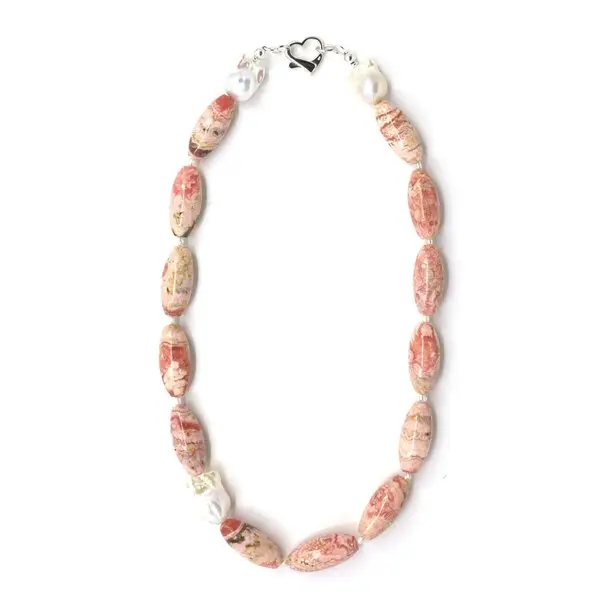 Shar Oke Pink / White / Silver Rhodochrosite & Freshwater Pearls Necklace - Pink/white/silver