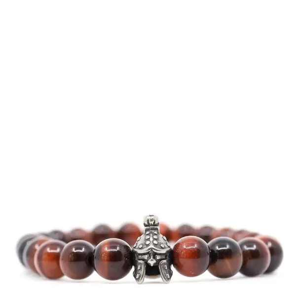 Shar Oke Black / Red / Silver Stainless Steel Spartan Helmet & Red Tiger's Eye Beaded Bracelet - Black/red/silver
