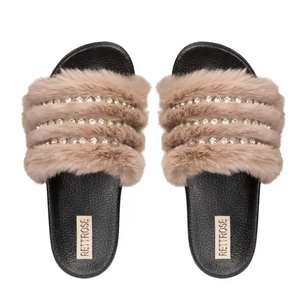 RETTROSE Black / Brown Anita Mink Luxury Plush Diamanté Embellished Handmade Sliders - Black/brown
