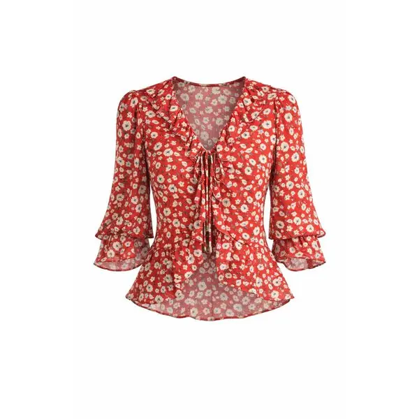 ROSE & NANCY Philippa Floral Print Ruffle Blouse - Red