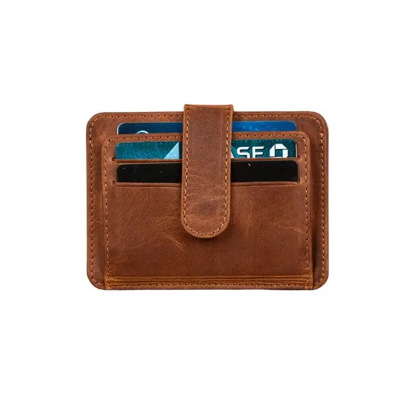 LEATHERE Leather Card Holder Wallet With Id Window Brown Miami - Black/brown