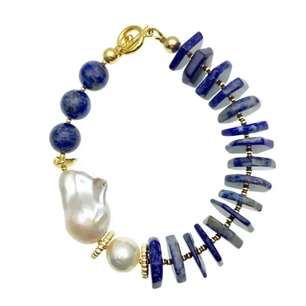 FARRA Blue / White Baroque Pearl & Lapis Bracelet - Blue/white