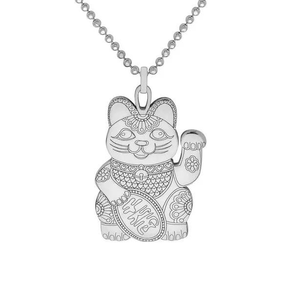 CARTERGORE Large Lucky Cat Pendant Necklace - Silver