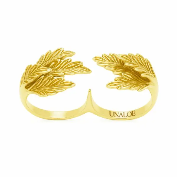 UNALOE Plated Double Finger Leaf Ring – Sculptural Botanical Knuckle Statet Jewelry - Gold