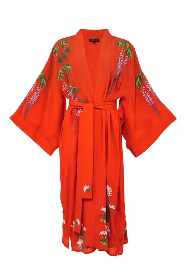 ARTEMIS MUSE Wisteria & Chrysanthemum Embroide Terracotta Fully Lined Long Kimono - Red