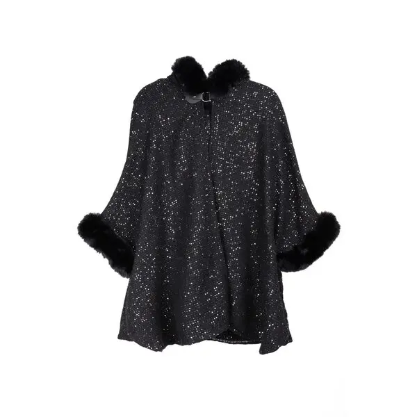 Saachi Sequin Kimono Faux Fur Hood - Black