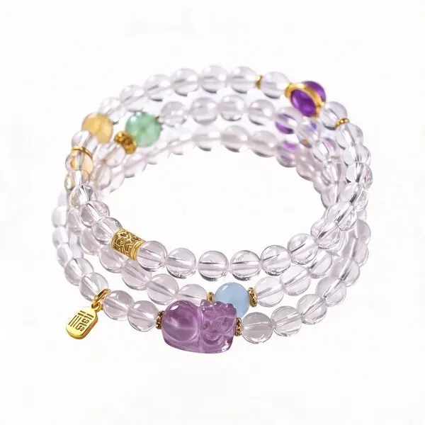 ORMIRO Pixiu Clear Quartz, Amethyst & Aquamarine Wrap Bracelet - Blue