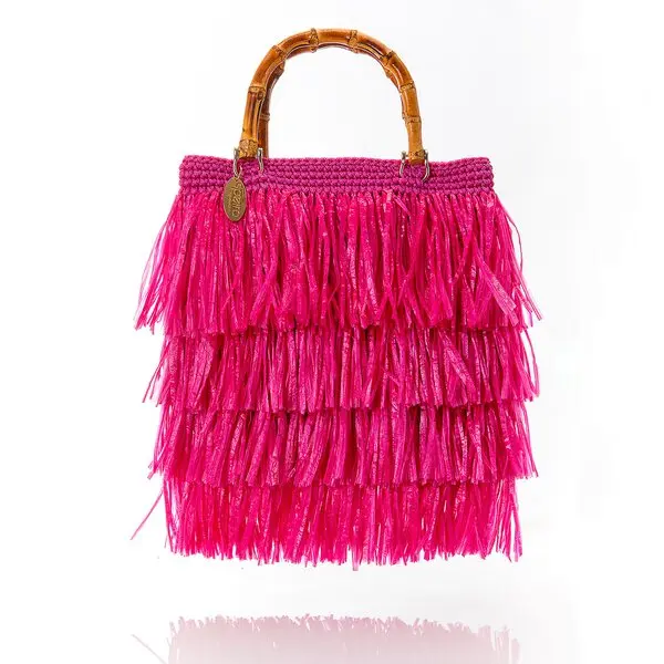 SPEIRA Tote Bag Raffia Fringes With Bamboo Handles Fuchsia - Pink