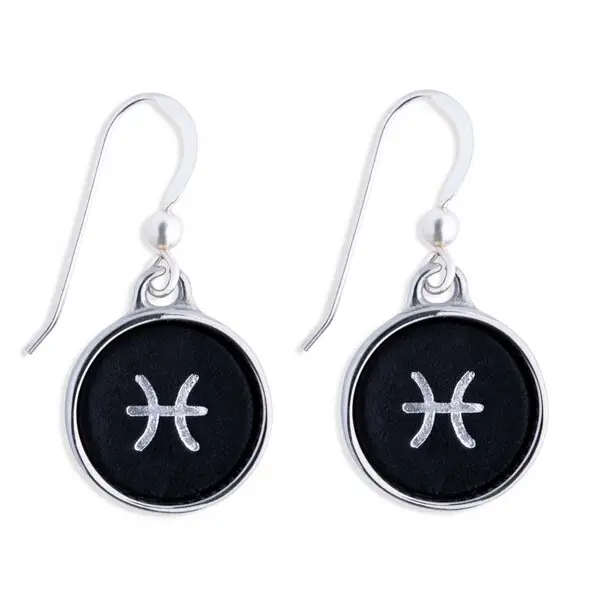 N'DAMUS LONDON Silver / Black Zodiac Pisces Black Leather Earrings - Silver/black