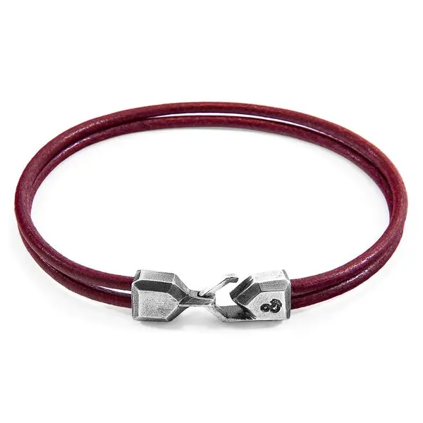 ANCHOR & CREW Silver / Red Bordeaux Red Cromer Silver & Round Leather Bracelet - Silver/red