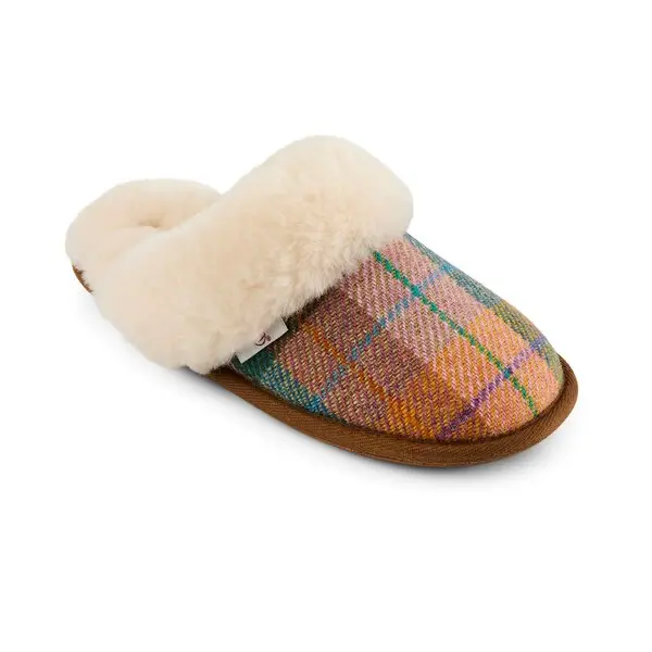 BEDROOM ATHLETICS Neutrals / Kate Harris Tweed Sheepskin Lined Mule Slippers Honey Check - Brown