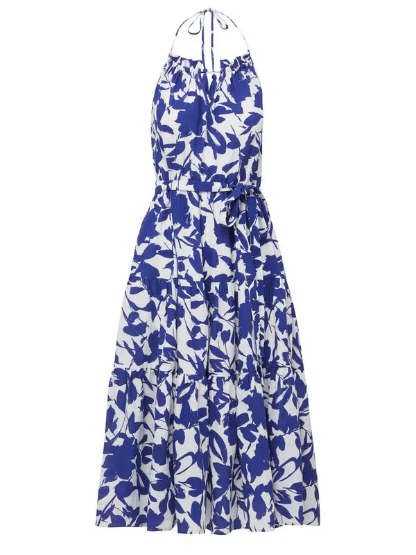 CHANGE OF SCENERY Neutrals / Blue / White Abbie Halter Dress In Moraea Garden - Blue/white