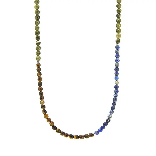 ANCHOR & CREW Tigers Eye, Blue Sodalite & Green Jade Isaac Silver & Stone Skinny Necklace X Wrap Bracelet - Brown