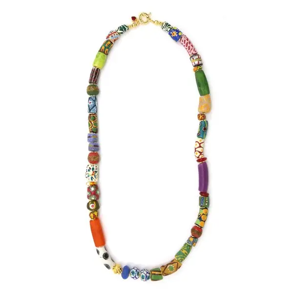Shar Oke African Krobo Multicoloured Glass Necklace V4 - Gold