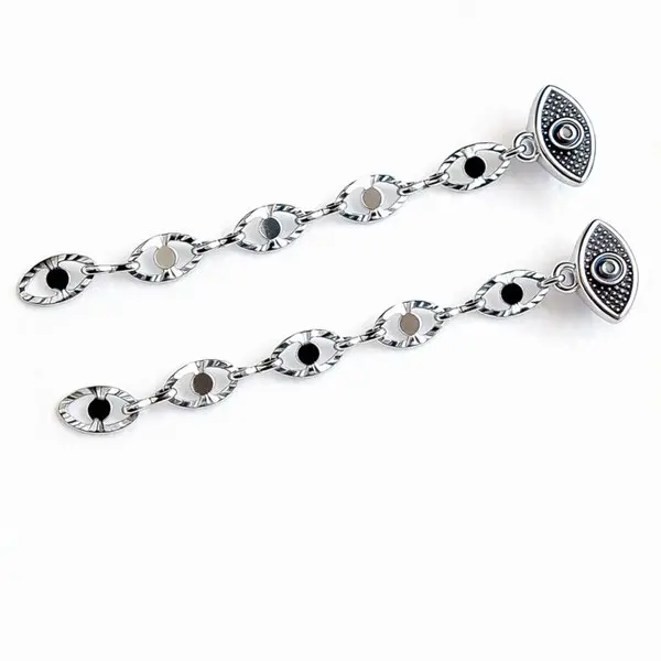 JAGGED HALO JEWELRY Festival Evil Eye Fringe Earrings - Silver