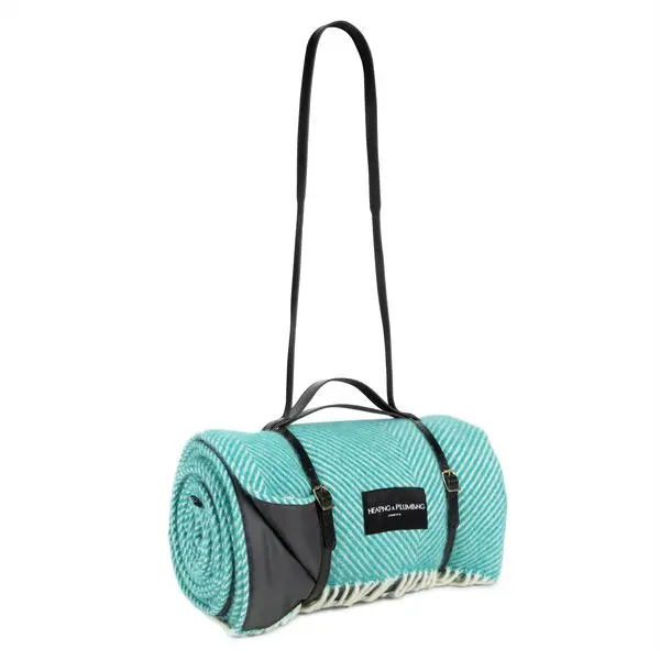 HEATING & PLUMBING LONDON Pure New Wool Waterproof Picnic Blanket Cornish Cove Long Black Strap - Blue