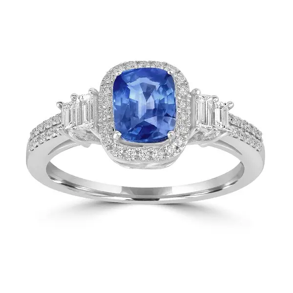 ARTISAN White / Blue Cushion Cut Sapphire & Diamond Halo Ring In 18k White Gold - White/blue