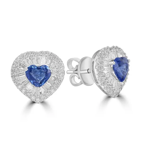 ARTISAN White / Blue Heart Blue Sapphire & Diamond Stud Earrings In 18k White Gold - White/blue