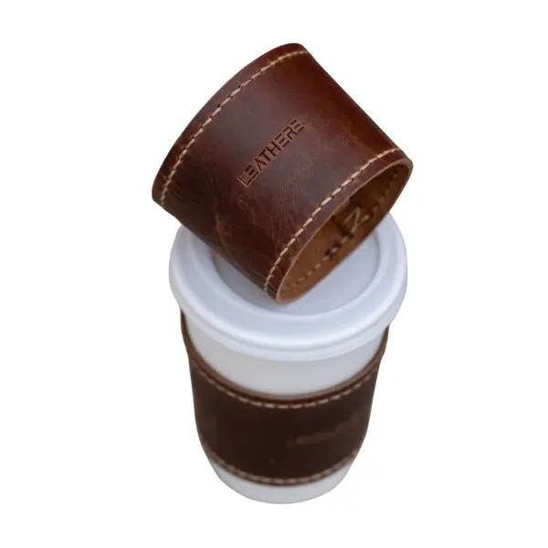 LEATHERE Savannah Leather Coffee Cup Sleeve Set Pair - Brown