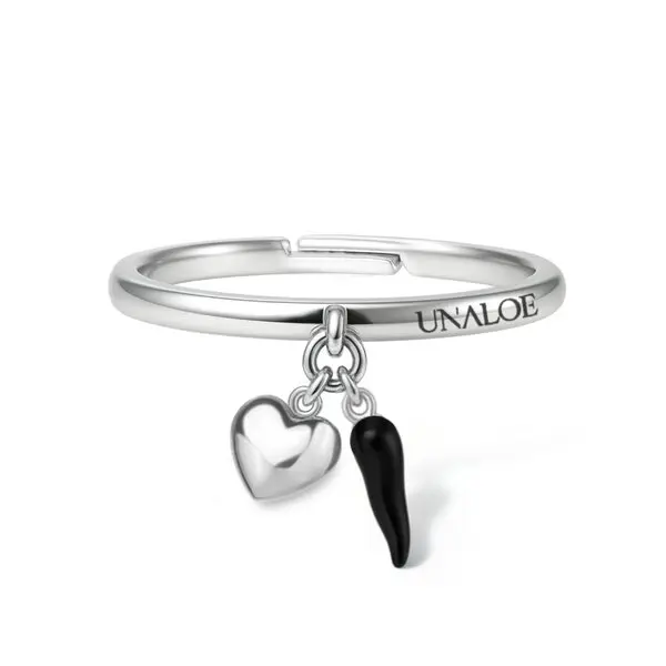 UNALOE Silver / Black Sterling Silver Adjustable Ring With Black Enamel Italian Horn And Heart – Protection Jewelry - Silver/black